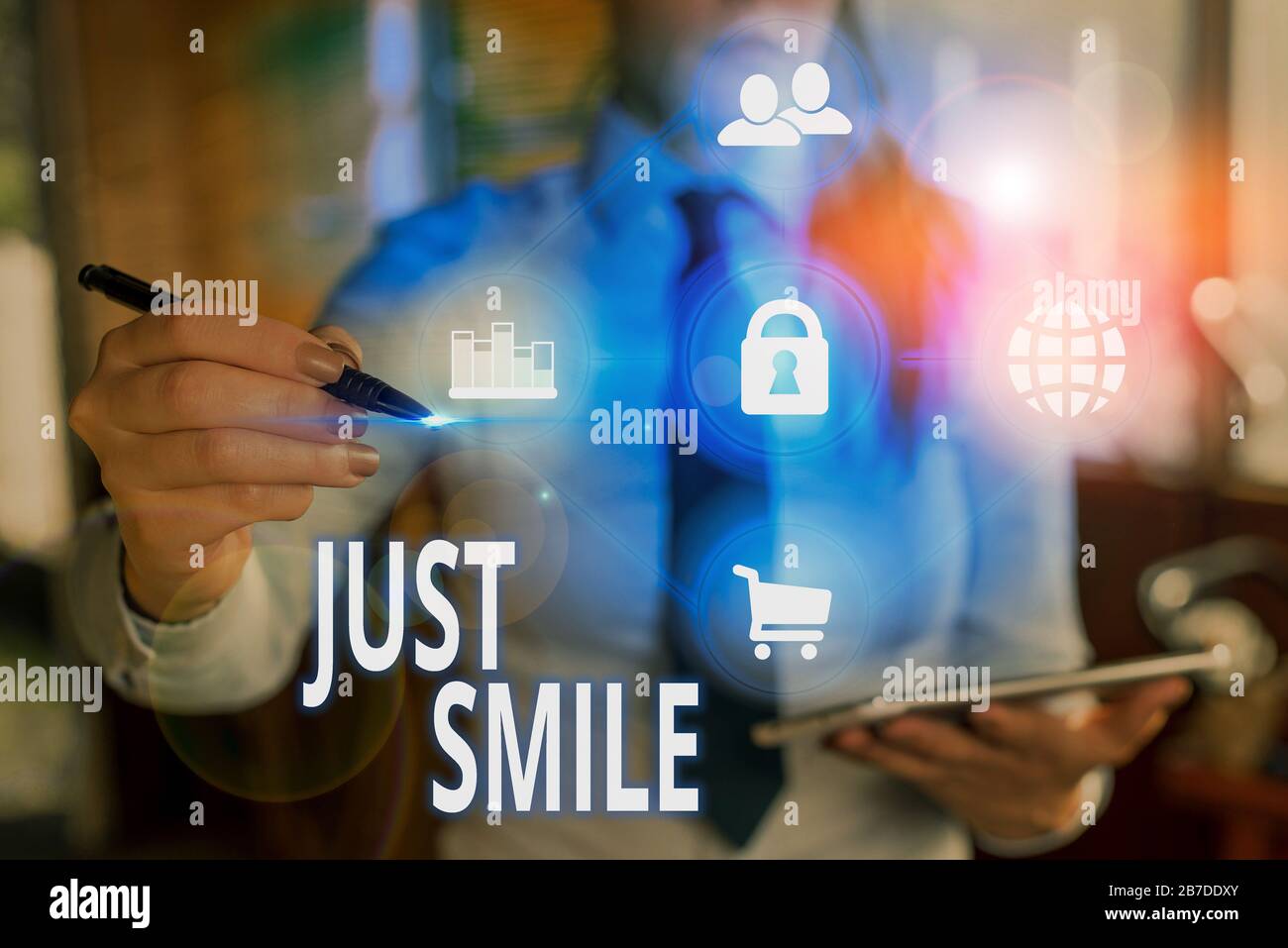 Text sign showing Just Smile. Business photo showcasing assume a facial ...