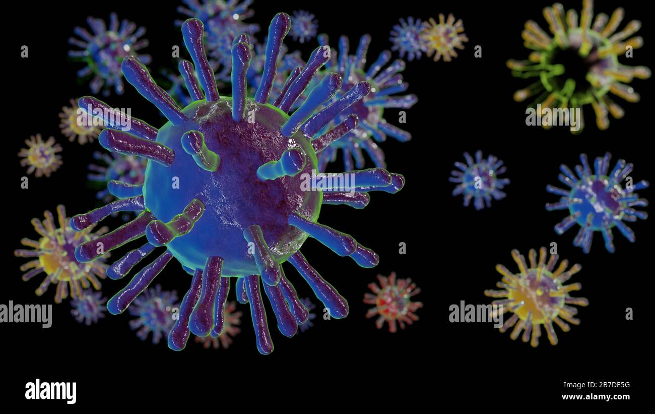 Illustration of corona viruses, covid-19 on black background. Contagion ...