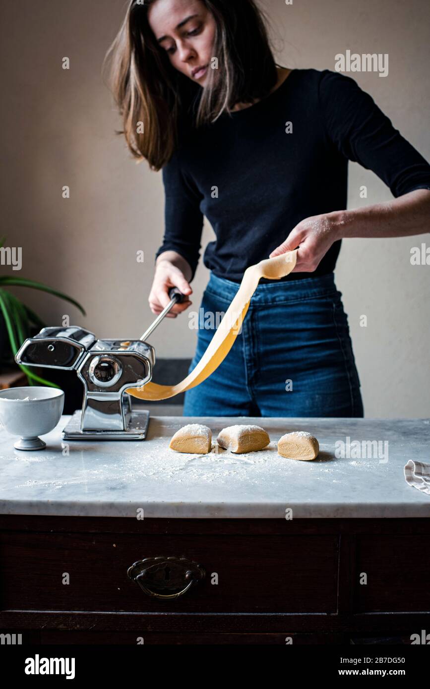 Woman Making Fresh Pasta in a kitchen Stock Photo - Alamy