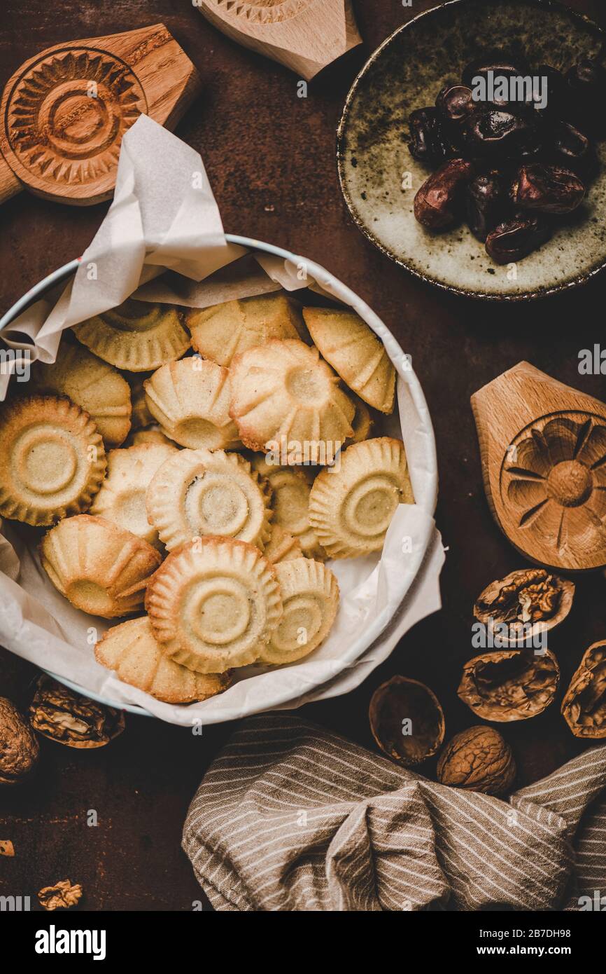 Flat-lay of Turkish Hatay semolina cookies with date, fig, walnut ...