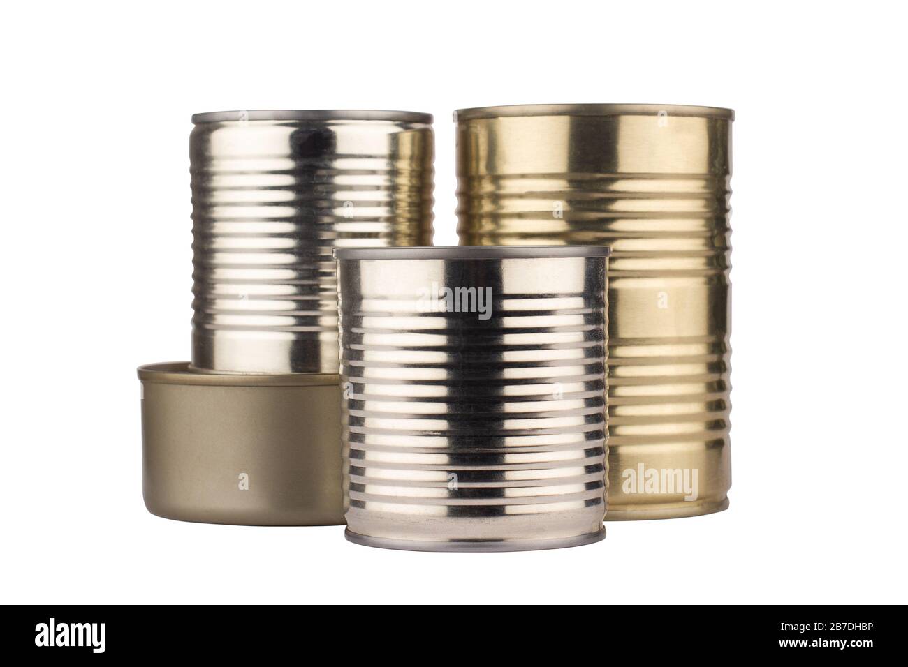front view closeup of shiny metallic set of tin cans for food of ...