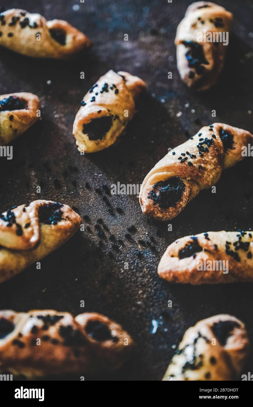Turkish traditional salty pastry with black olive paste filling, black ...