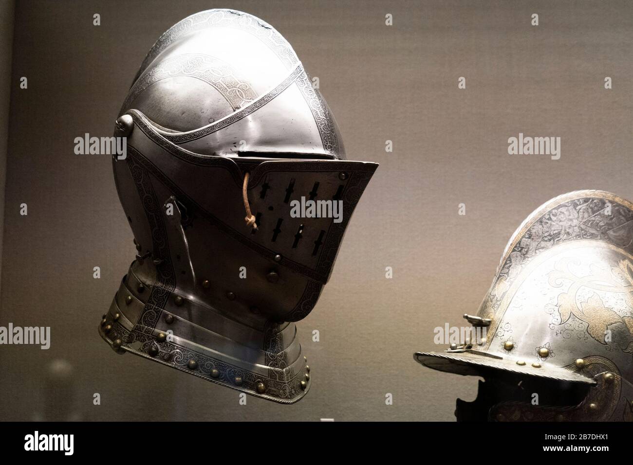 Medieval armor iron helmet detail close up Stock Photo - Alamy