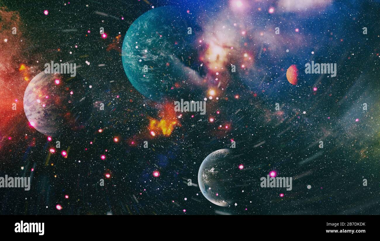 Chaotic space background. Planets, stars and galaxies in outer space ...