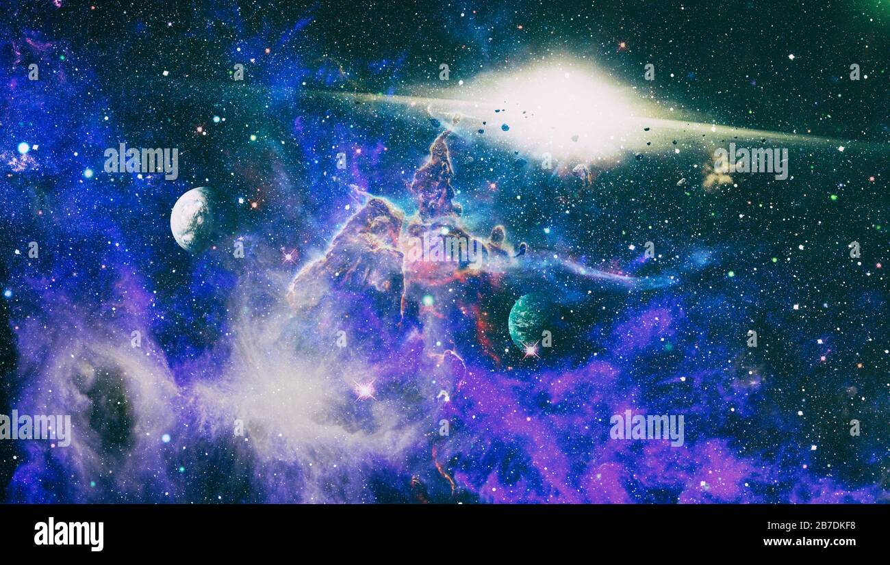 Chaotic space background. Planets, stars and galaxies in outer space ...