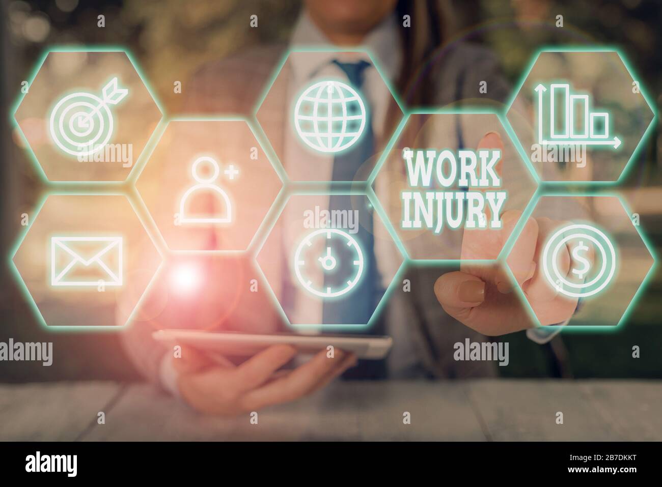 Text sign showing Work Injury. Business photo showcasing illness caused ...