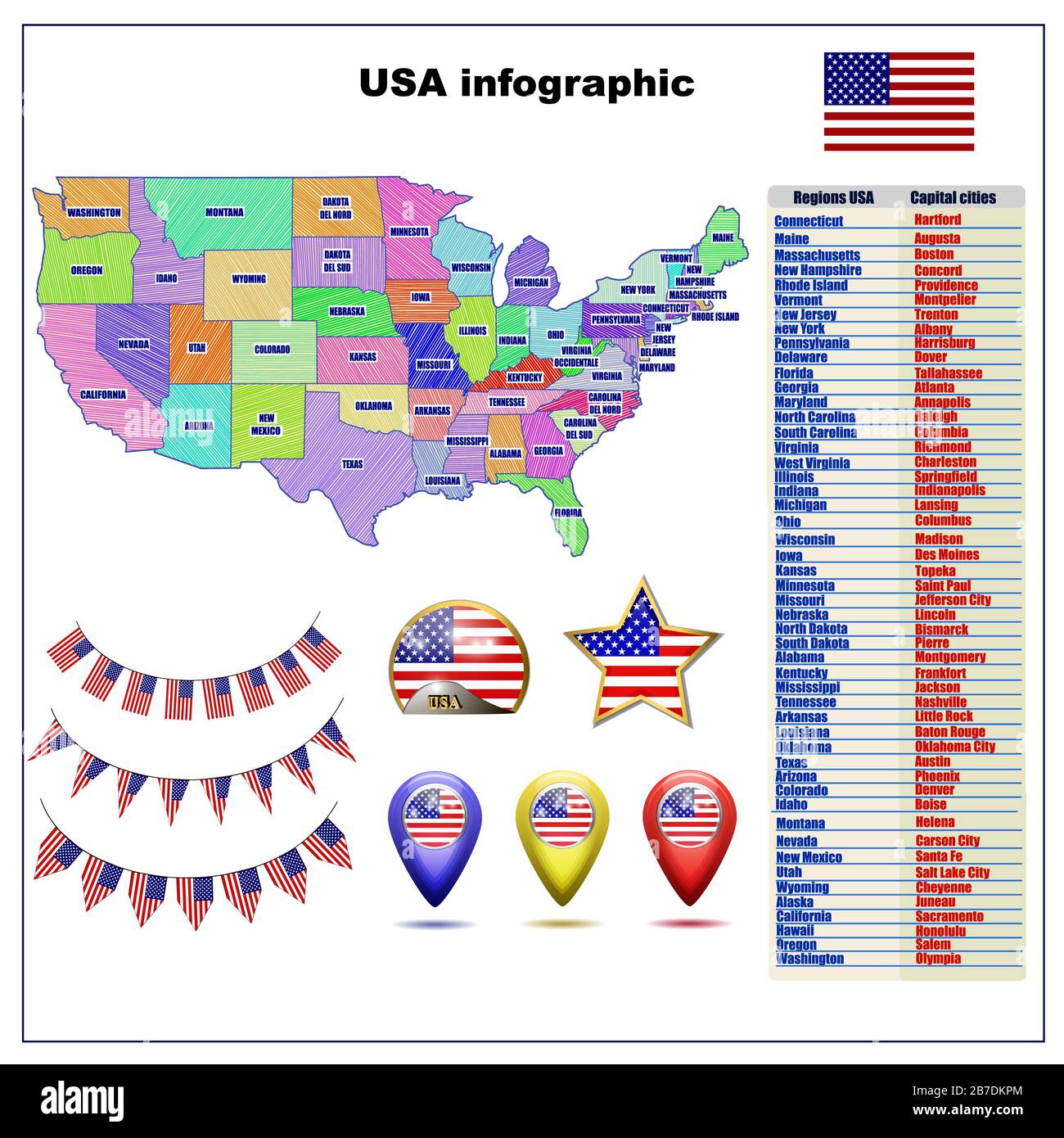 Map of USA with regions. Colorful graphic illustration with map of USA ...