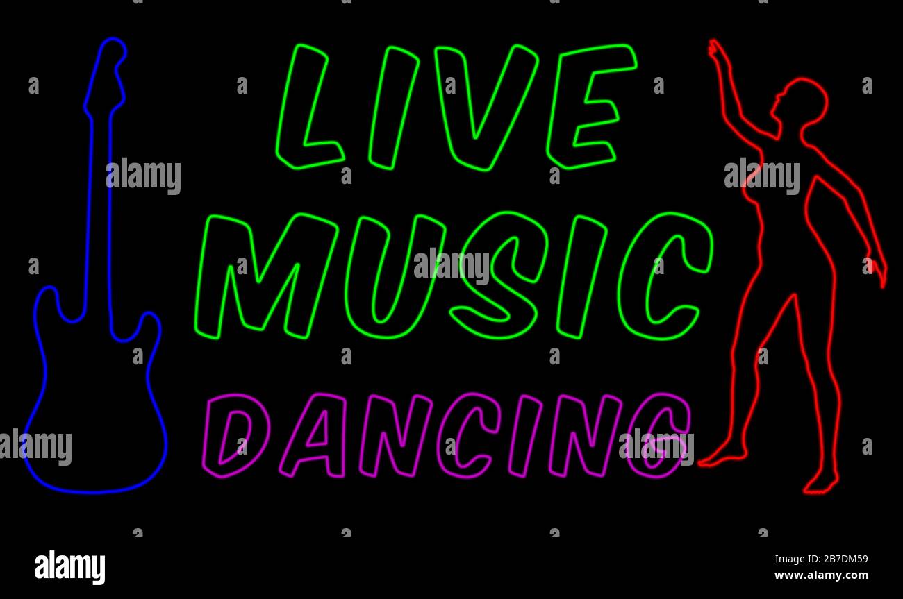 Live music and dancing neon style sign with dancing female and a guitar ...