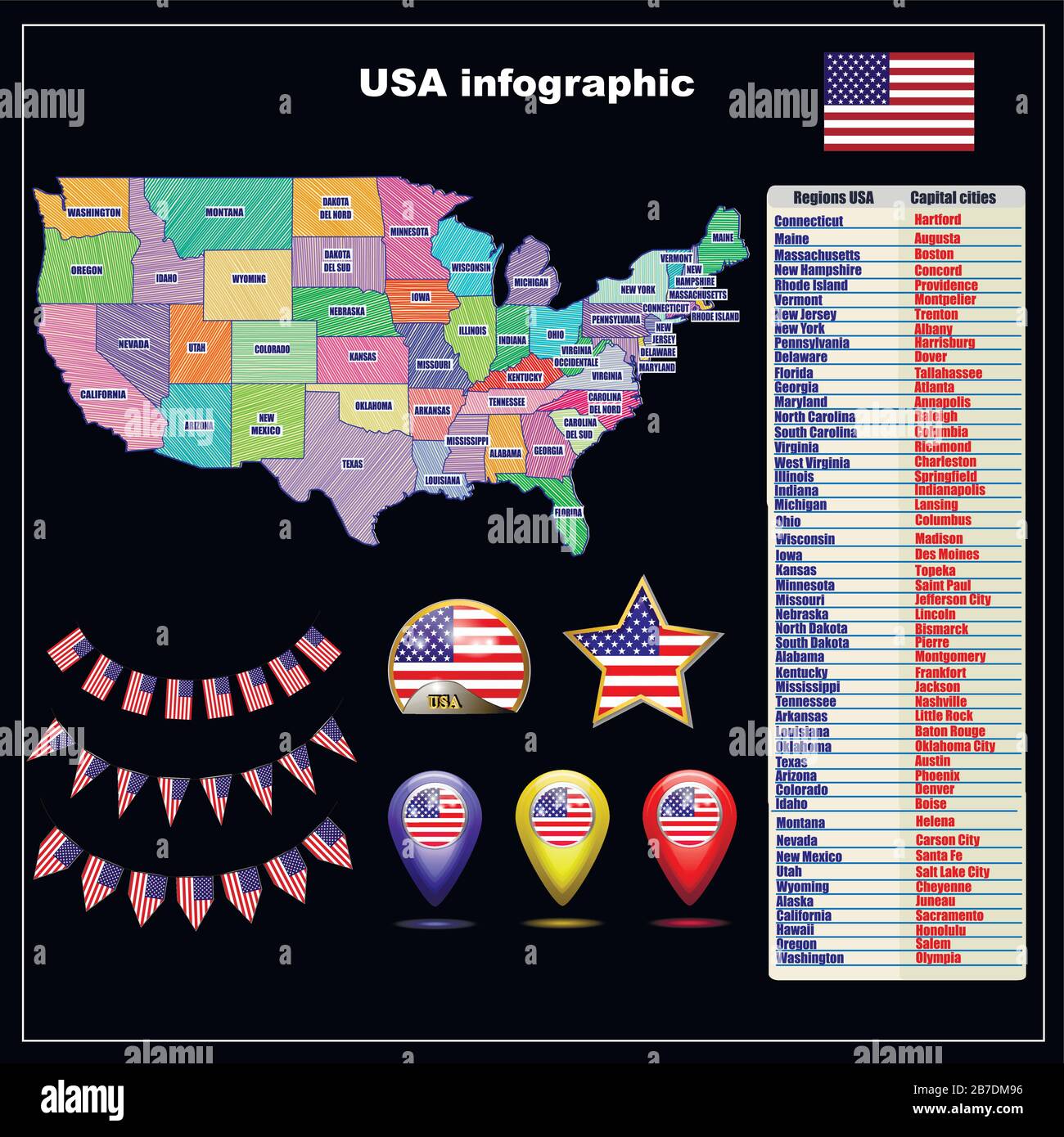 Map of USA with regions. Colorful graphic illustration with map of USA ...