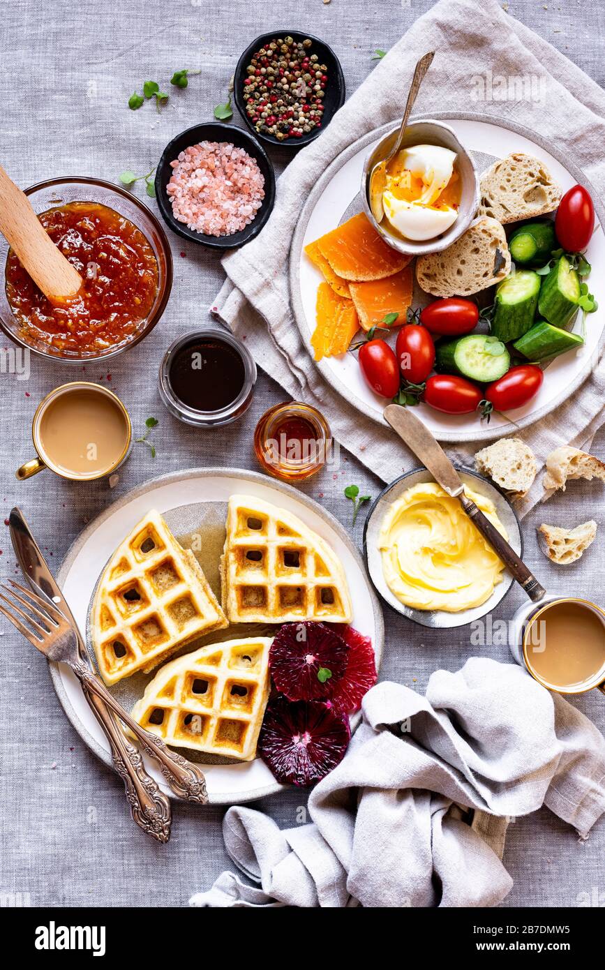 Sweet and Savory Breakfast Board with baguette, blood orange, butter ...