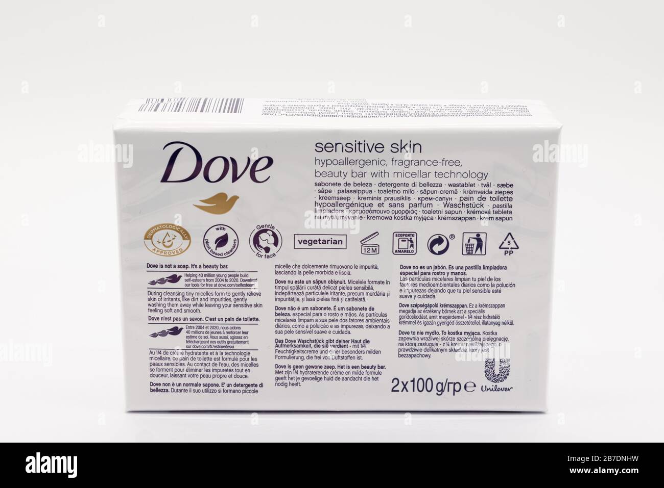 Largs, Scotland, UK - March 14, 2020: Dove sensitive traditional soap ...