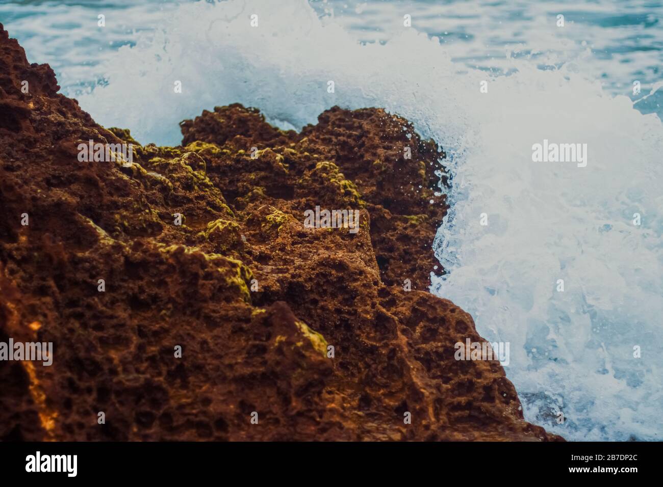 Storm in the ocean, sea waves crashing on rocks on the beach coast ...