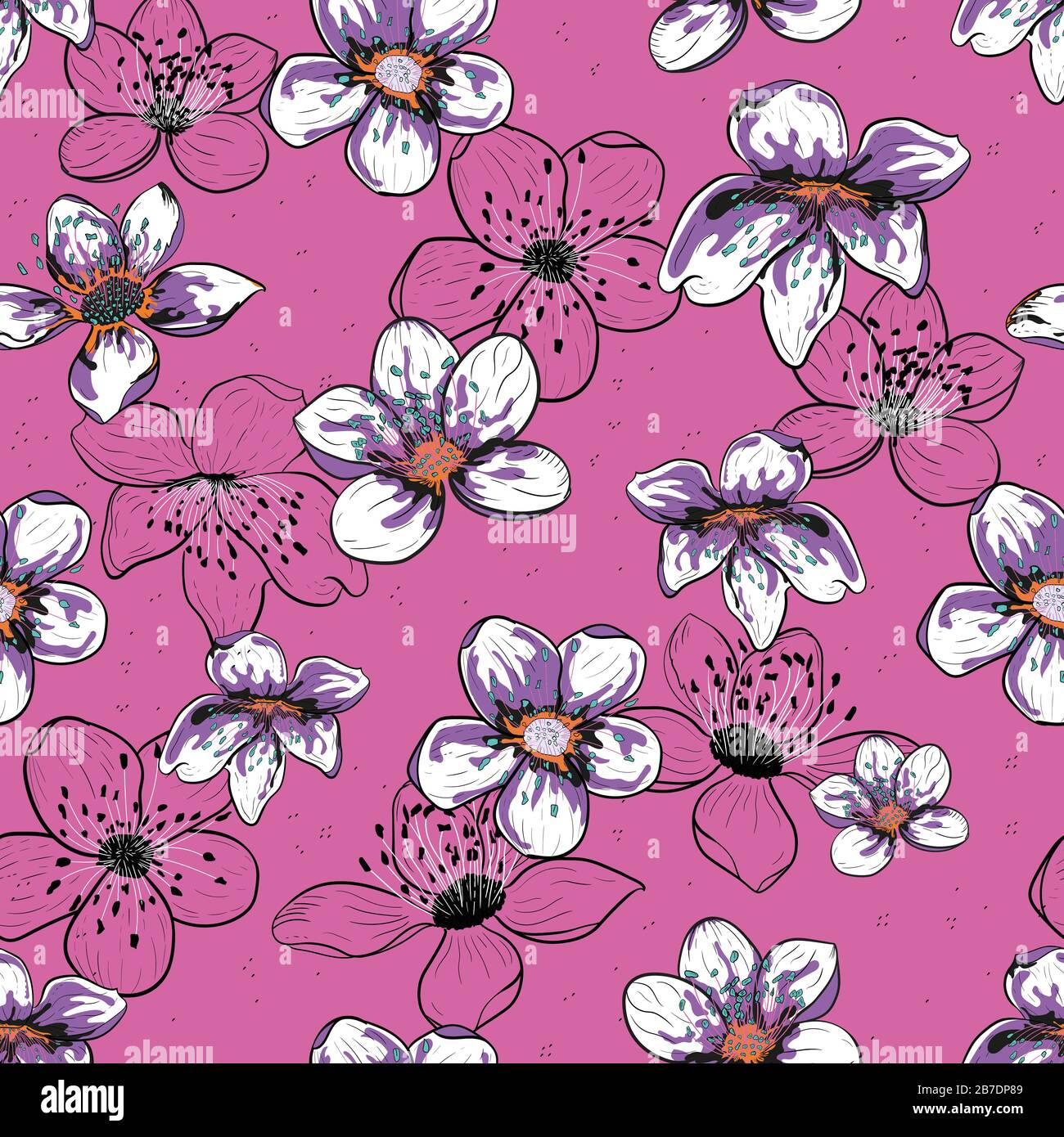 Hand drawn, cherry flowers, modern pastel pink background. Seamless ...