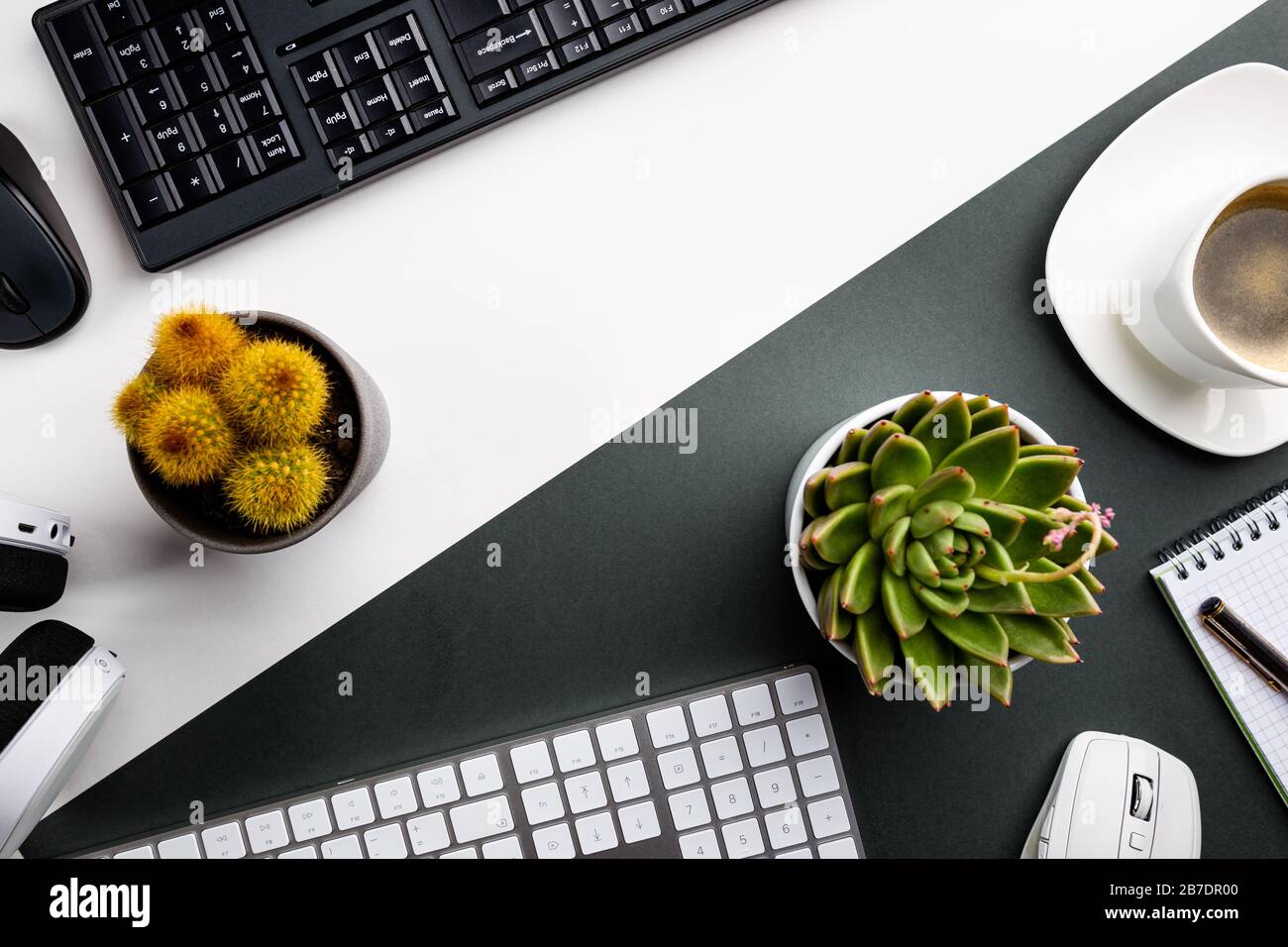 Cup of coffee with office tools on black and white background, office ...