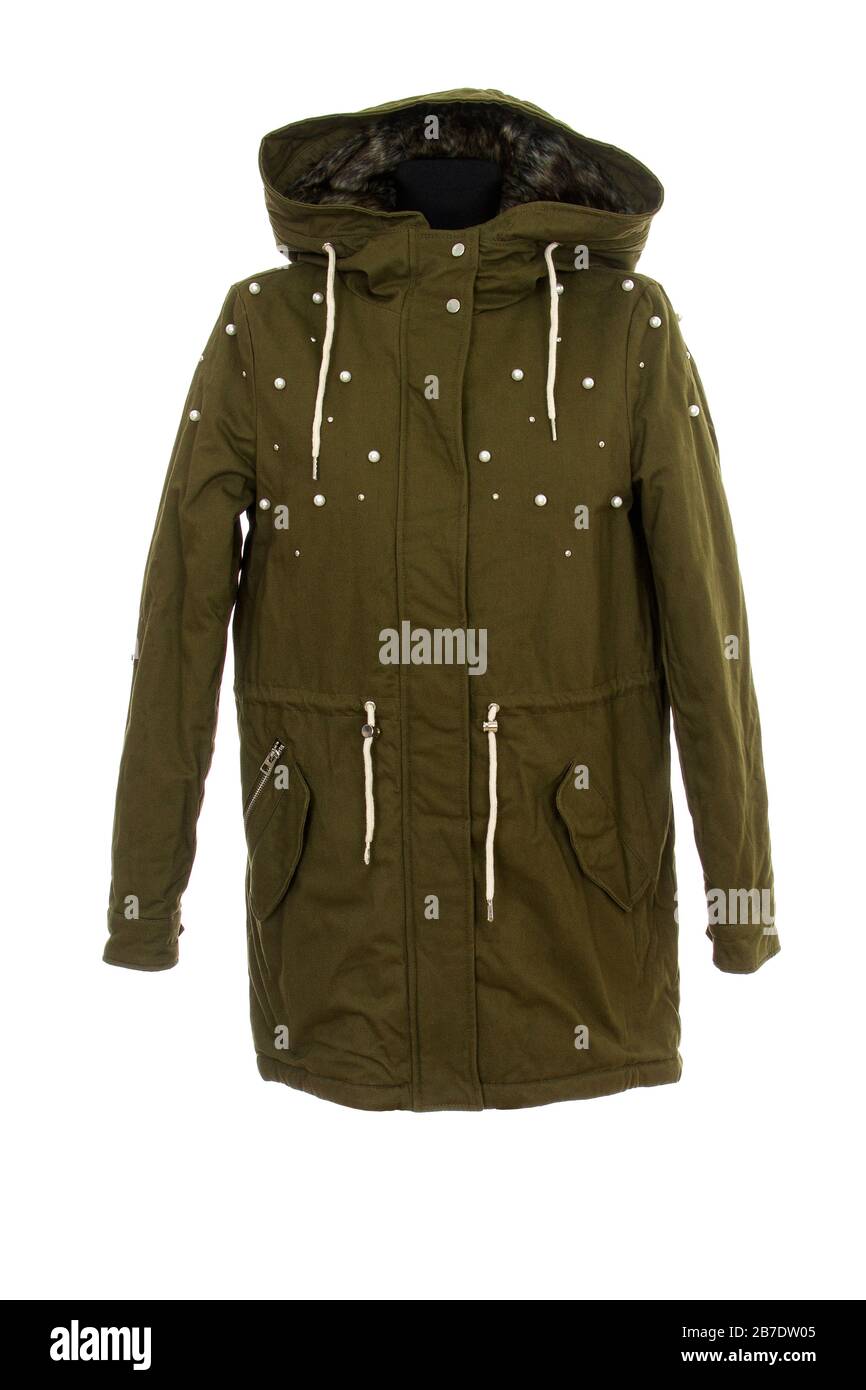 Glamorous parka jacket decorated with beads. parka jacket isolated on ...