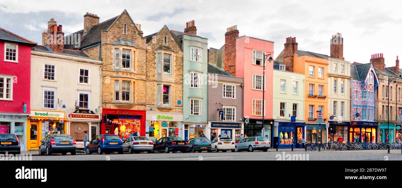 Colourful shop frontages along the High Street of Oxford, Oxfordshire ...