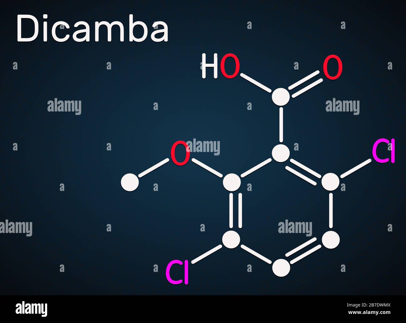 Dicamba C8H6Cl2O3 molecule. It is used as a herbicide. Skeletal ...
