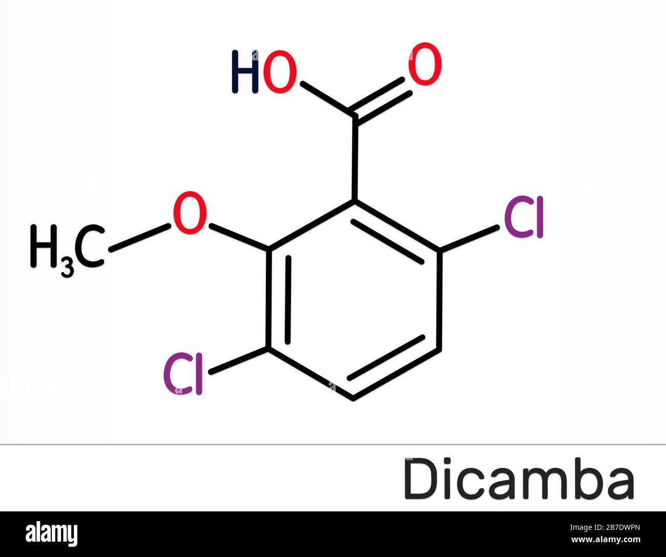 Dicamba C8H6Cl2O3 molecule. It is used as a herbicide. Skeletal ...