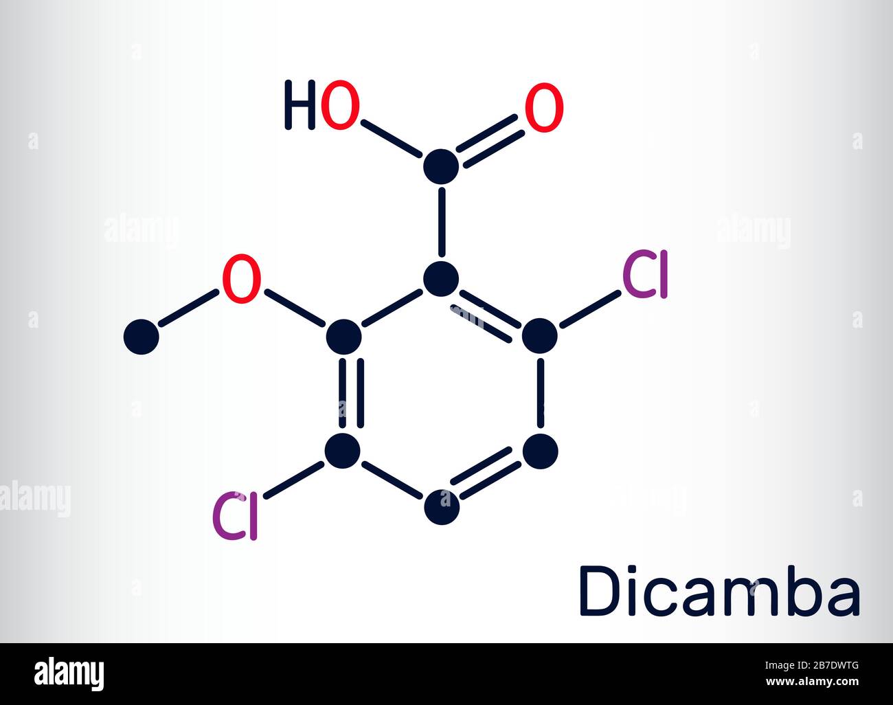 Dicamba C8H6Cl2O3 molecule. It is used as a herbicide. Structural ...