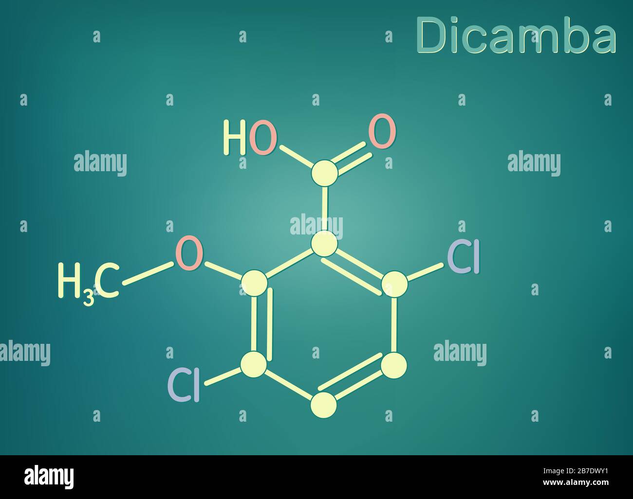 Dicamba C8H6Cl2O3 molecule. It is used as a herbicide. Skeletal ...