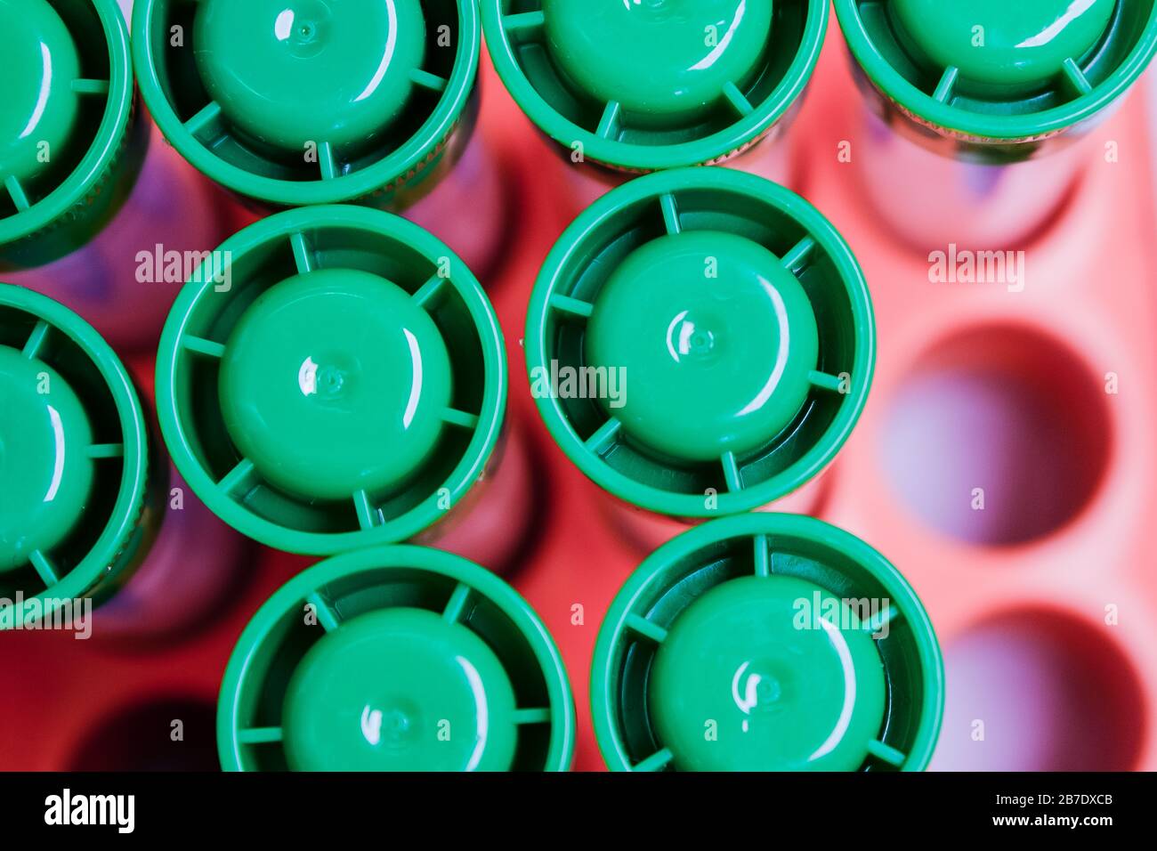 Test tubes in rack, view from above. Concept of science, laboratory and ...