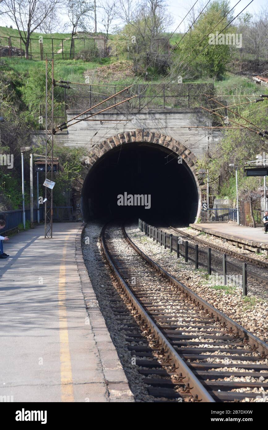 Railway tunnel with two tracks. Above the tunnel is greenery Stock ...
