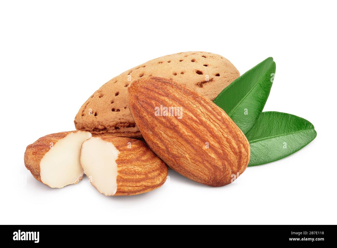 Almonds nuts with leaves isolated on white background with clipping ...