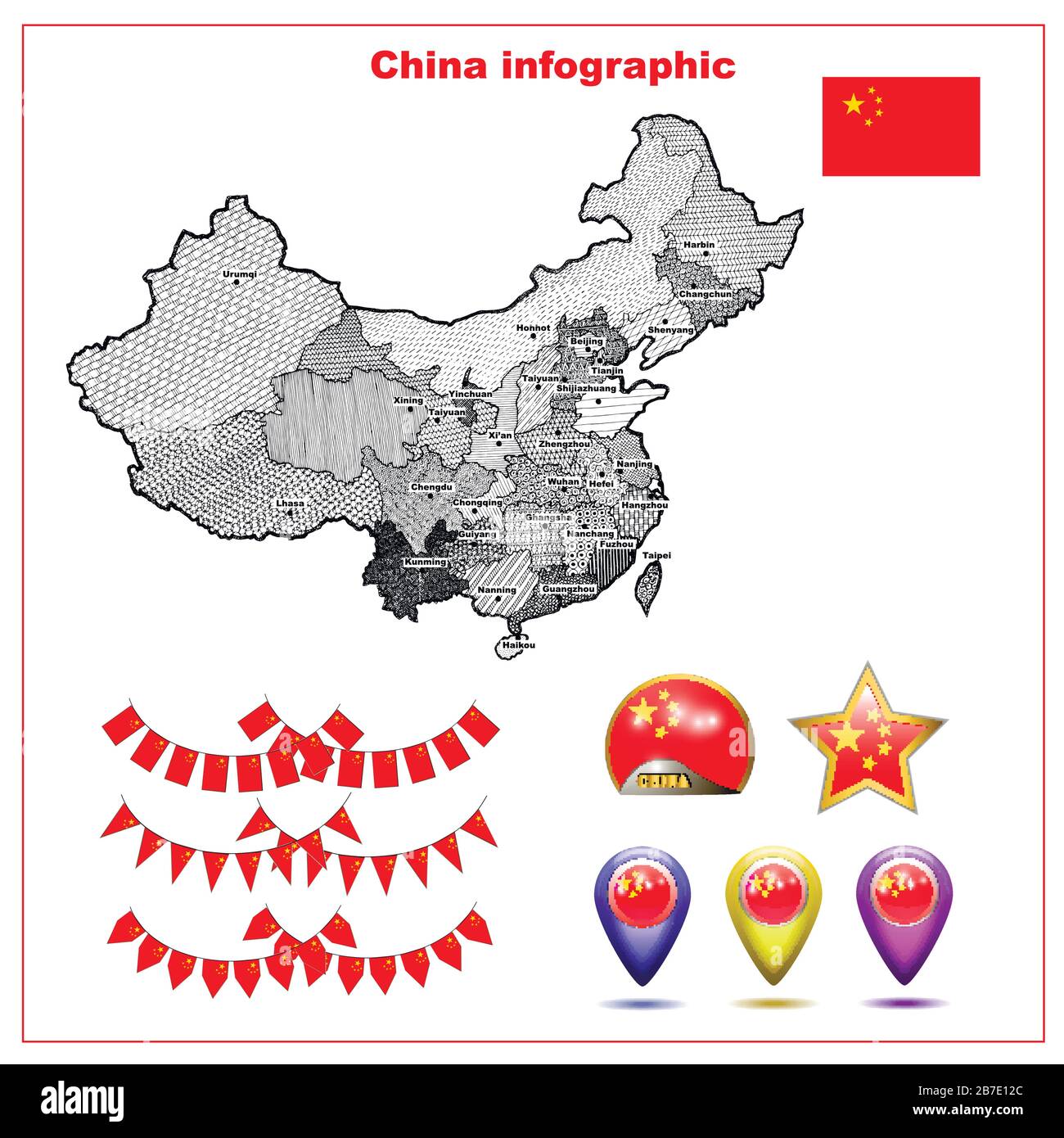 Bright Map of China. map of China graphic illustration on white ...