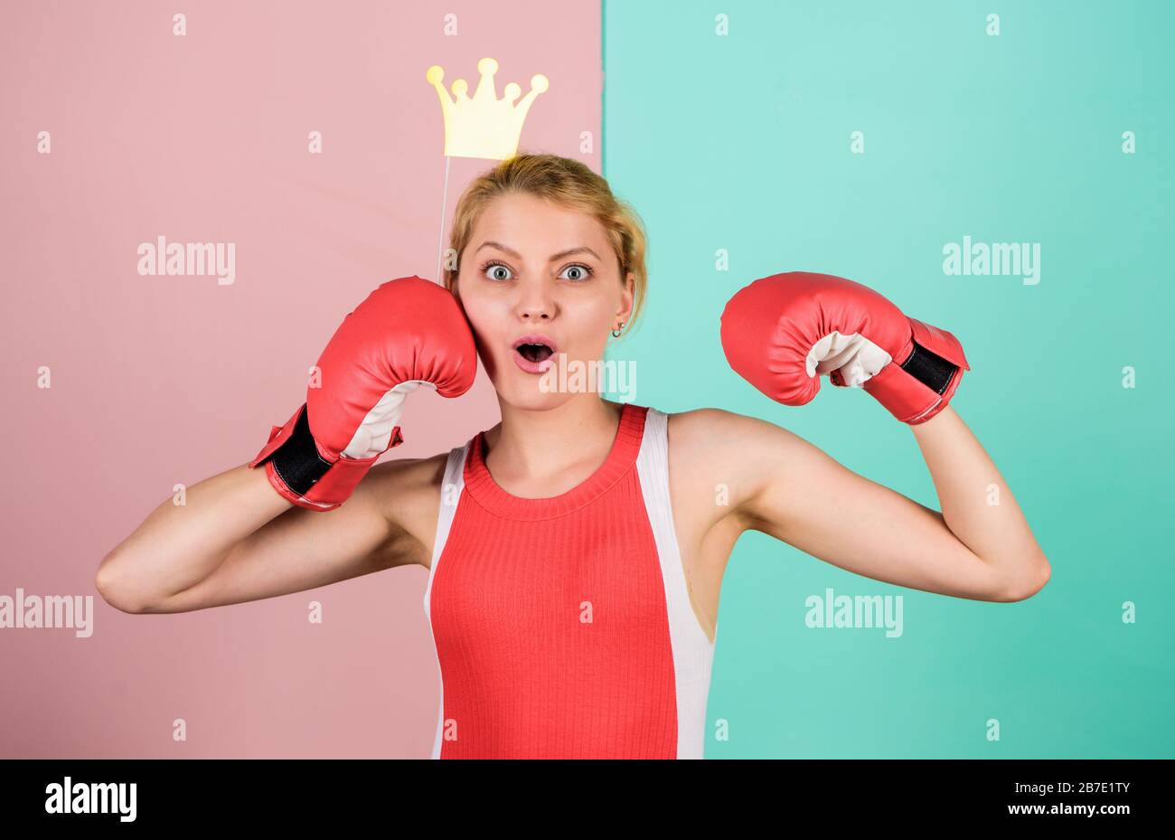 Athletic princess. happy woman party crown. female boxer boxing gloves ...