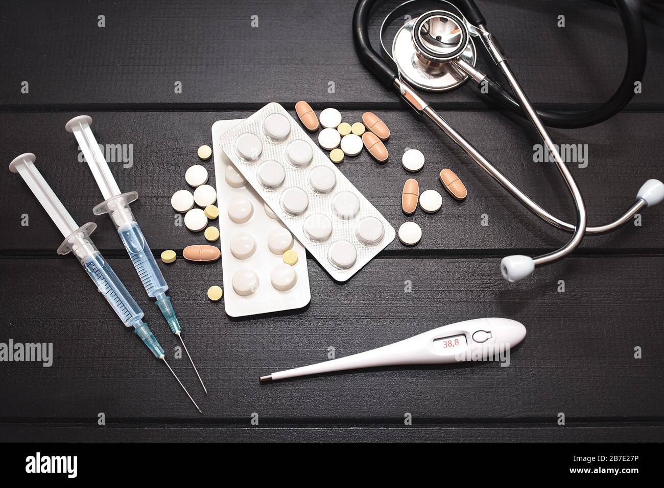 Medical Tools, Syringe and Colorful Drugs and Capsules Medicine Concept ...