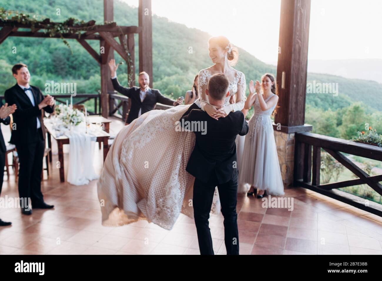 The first dance of the young. The bride and groom are dancing their ...