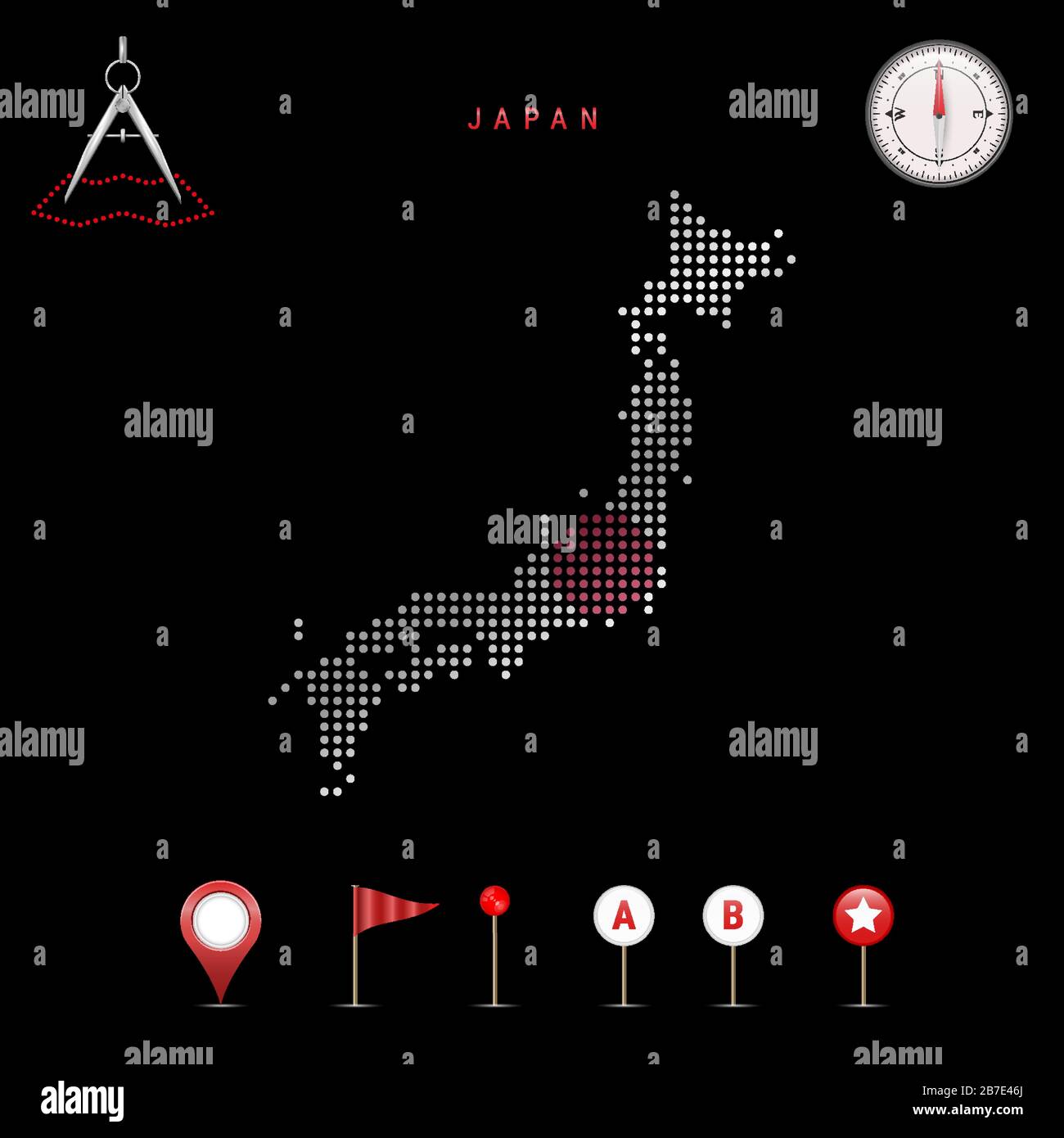Dotted map of Japan painted in the colors of the national flag of Japan ...