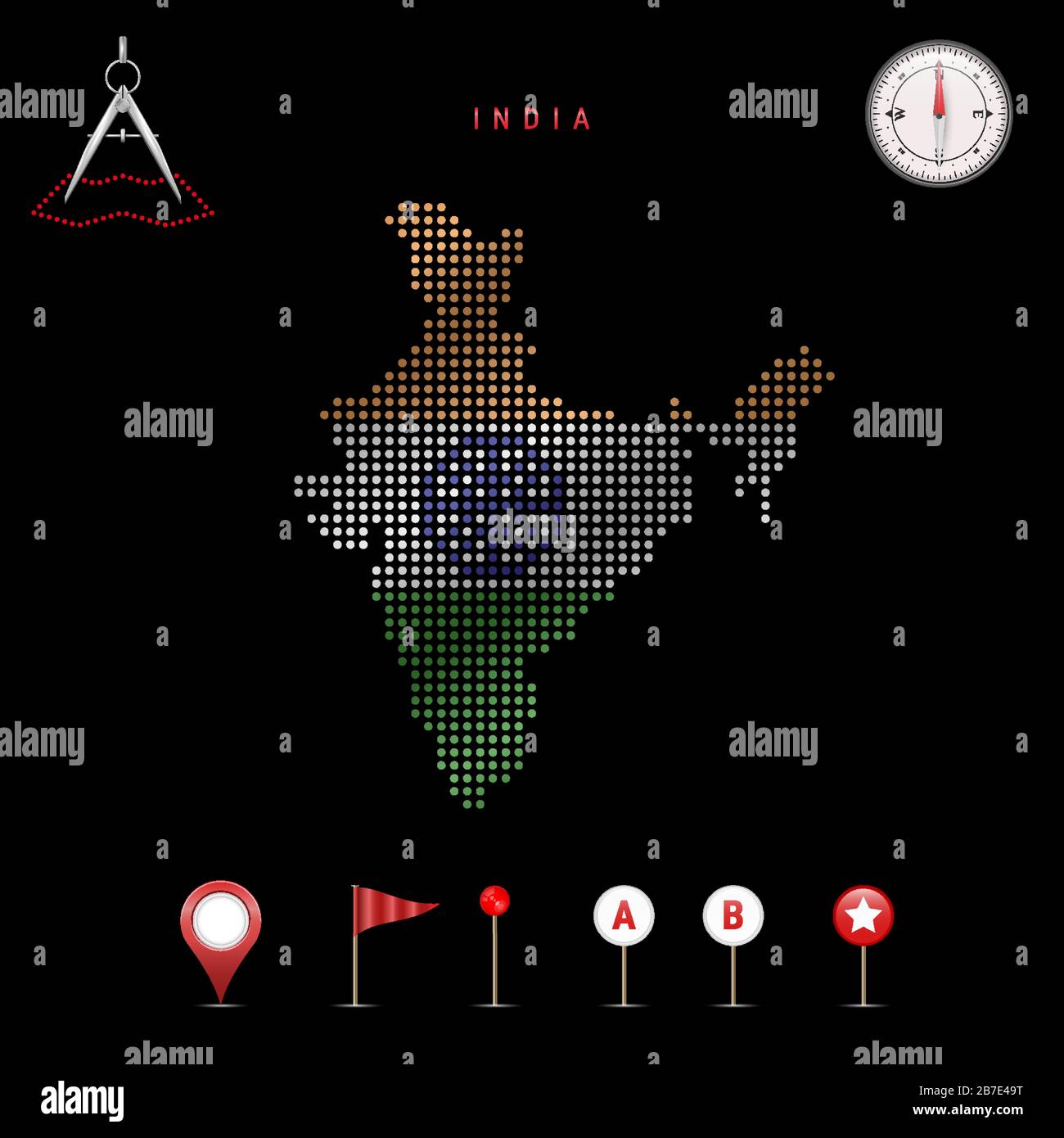 Dotted map of India painted in the colors of the national flag of India ...