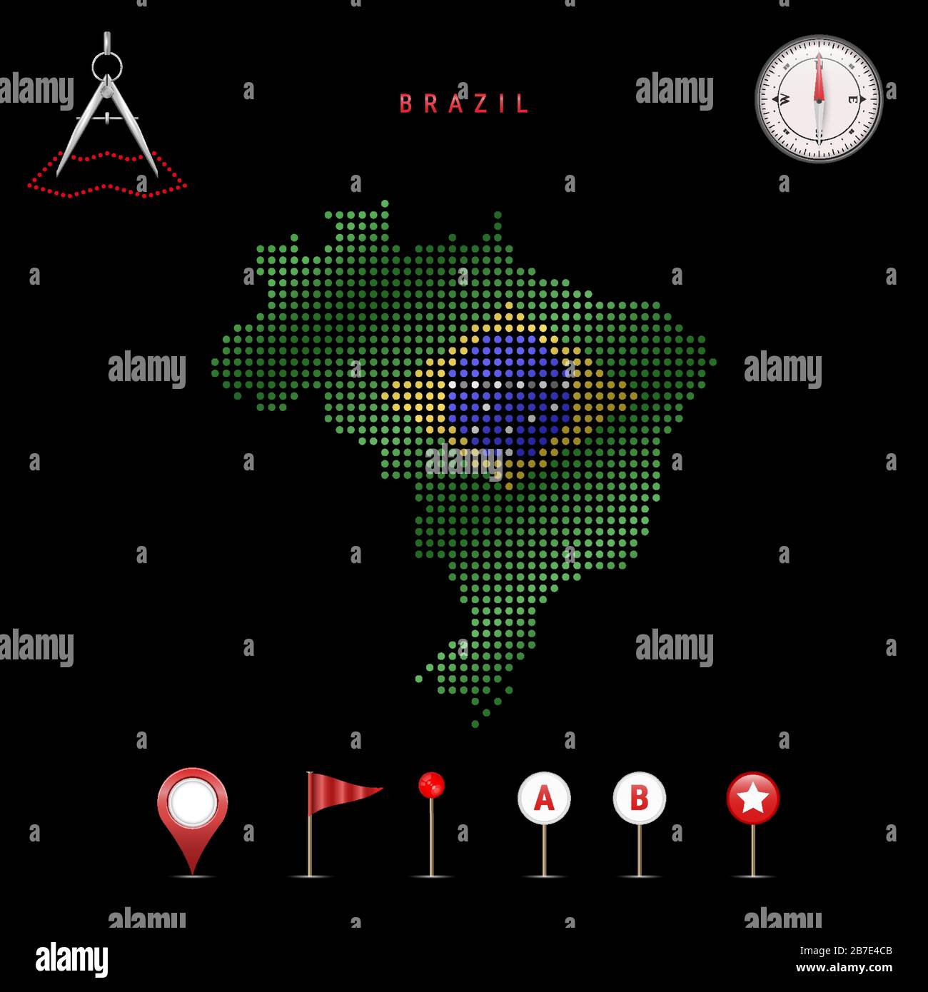 Dotted map of Brazil painted in the colors of the national flag of ...