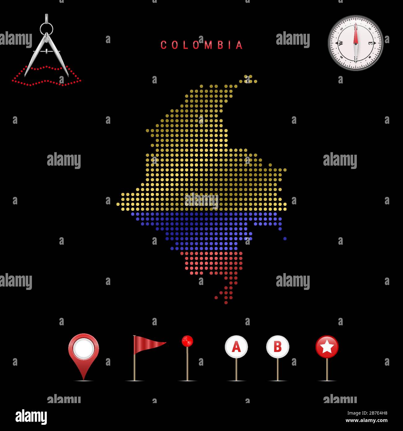 Dotted map of Colombia painted in the colors of the national flag of ...