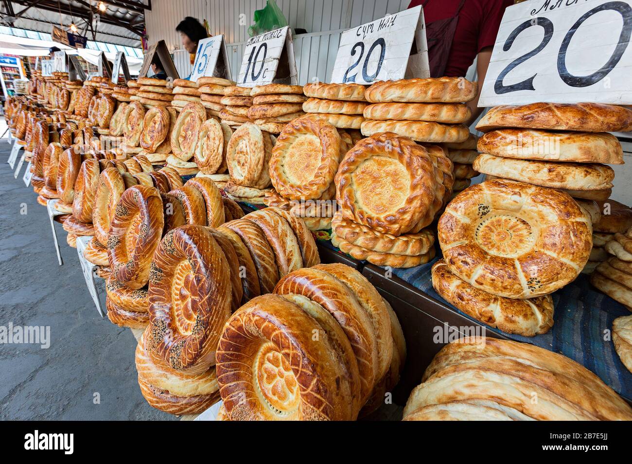 Stand of local bread in Osh Bazaar, Bishkek, Kyrgyzstan Stock Photo - Alamy