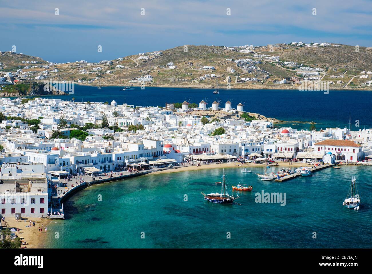 Mykonos island port with boats, Cyclades islands, Greece Stock Photo ...