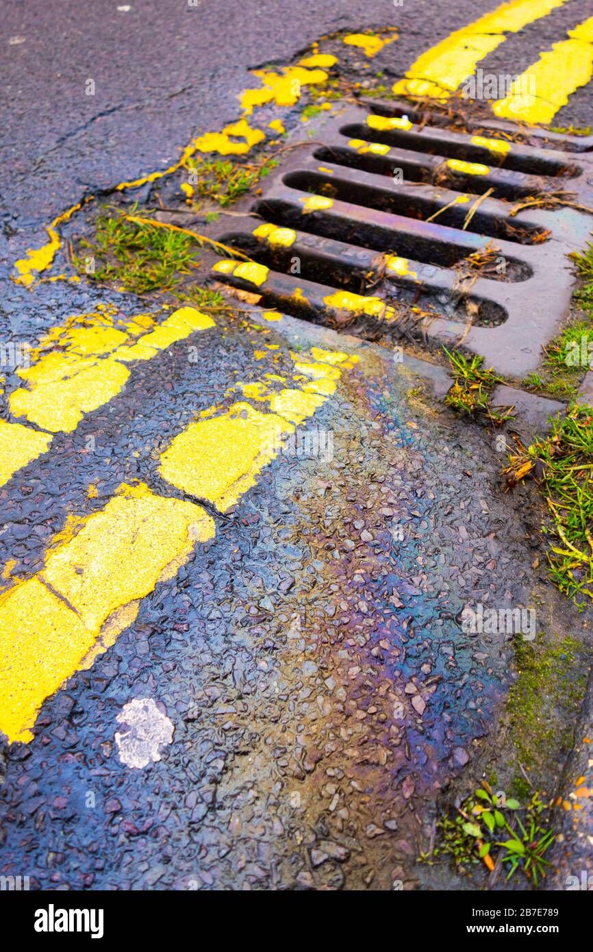 Petrol Gasoline Oil Spill on The Road Tarmac Rainbow Colour Pollution ...