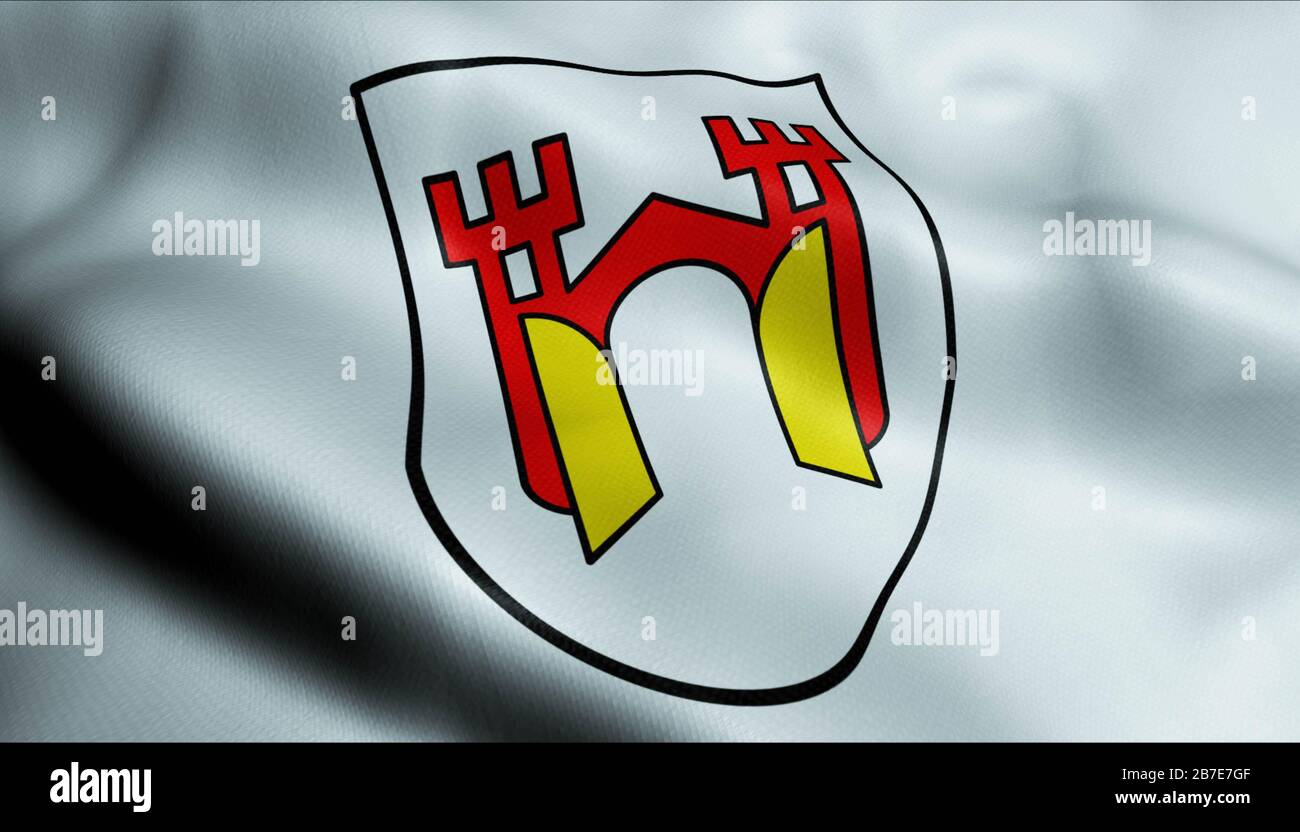 3D Illustration of a waving coat of arms flag of Offenburg (Germany ...