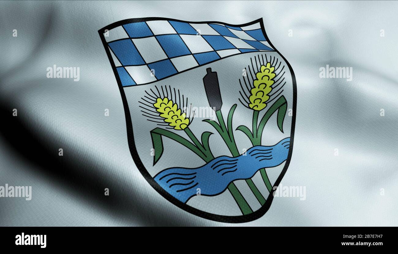 3D Illustration of a waving coat of arms flag of Olching (Germany ...