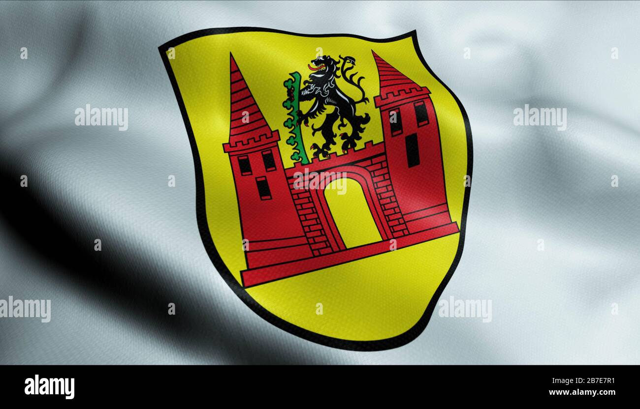 3D Illustration of a waving coat of arms flag of Ostheim (Germany ...