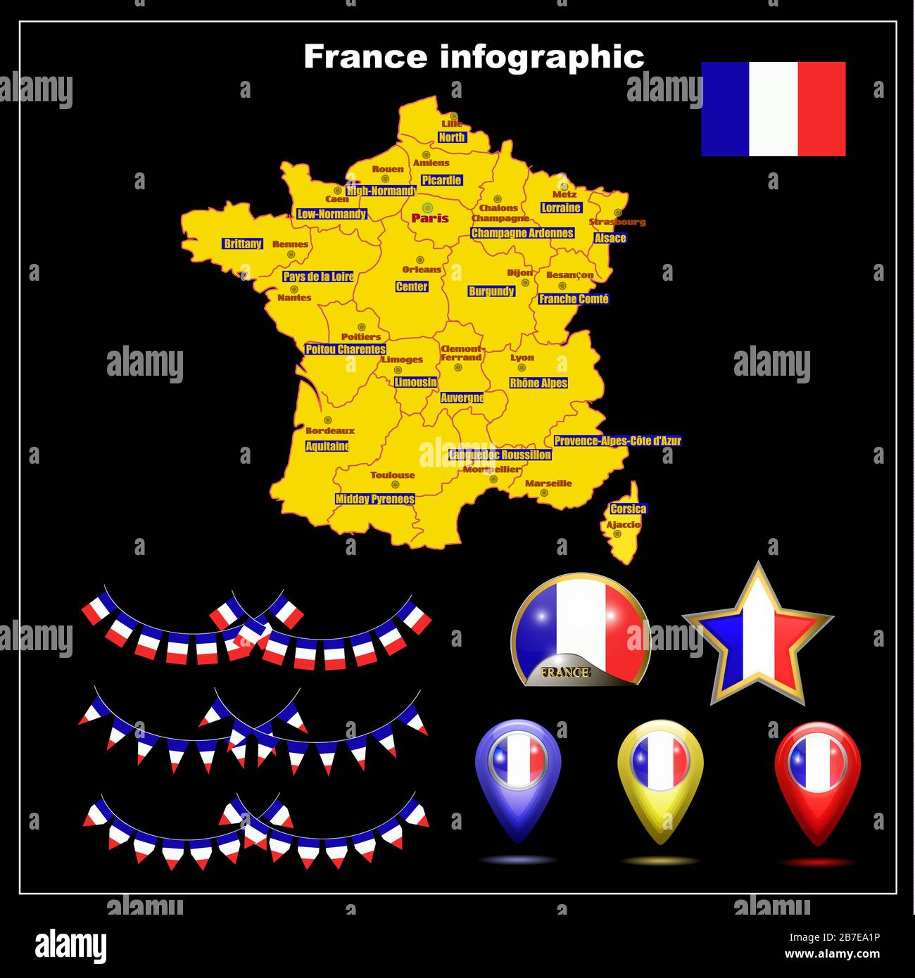 Bright Map of France. Map of France graphic illustration on black ...