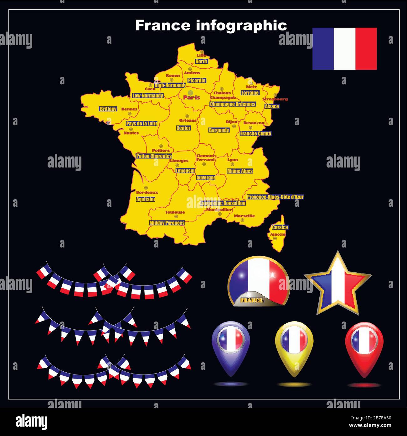 Bright Map of France. Map of France graphic illustration on black ...