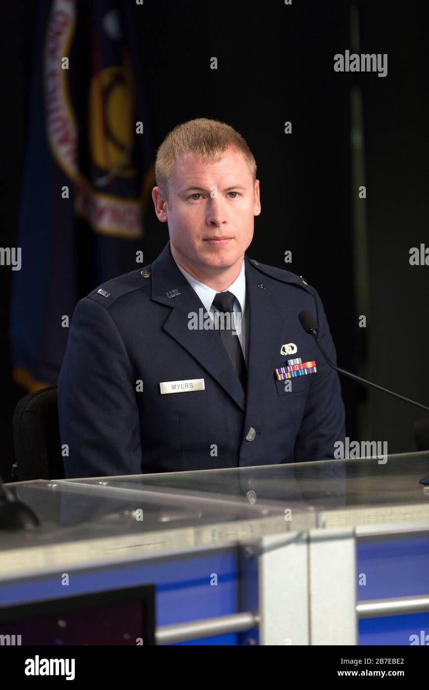 U.S. Air Force Weather Officer David Myers speaks during a pre-launch ...