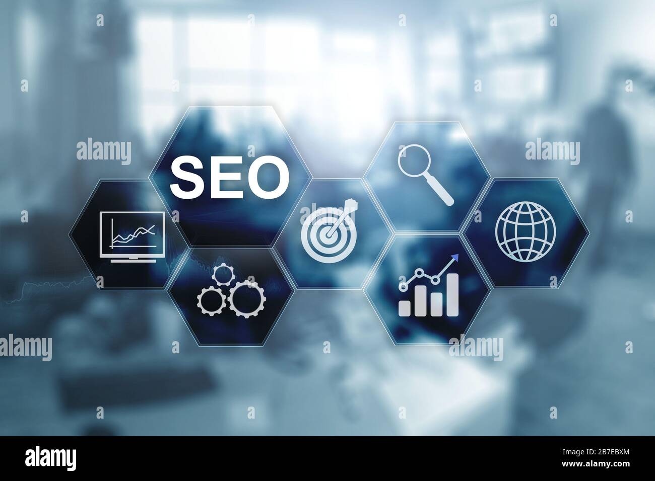 SEO. Search Engine optimization. Business technology on blurred office ...