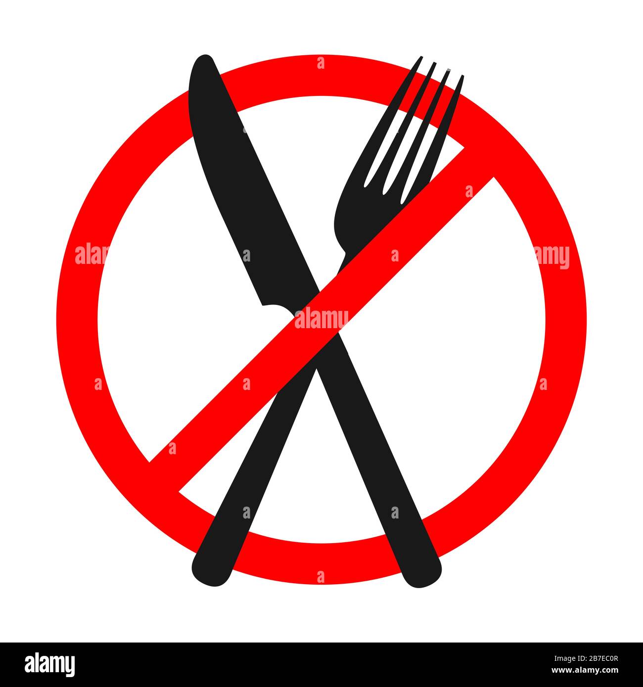 Sign of prohibition of a fork and knife. Stop eating sign isolated. No ...