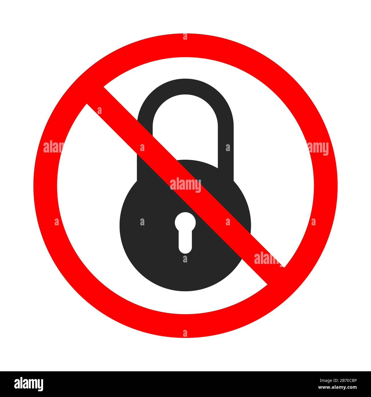 No lock sign on white background. Lock is forbidden. No lock icon. Red ...