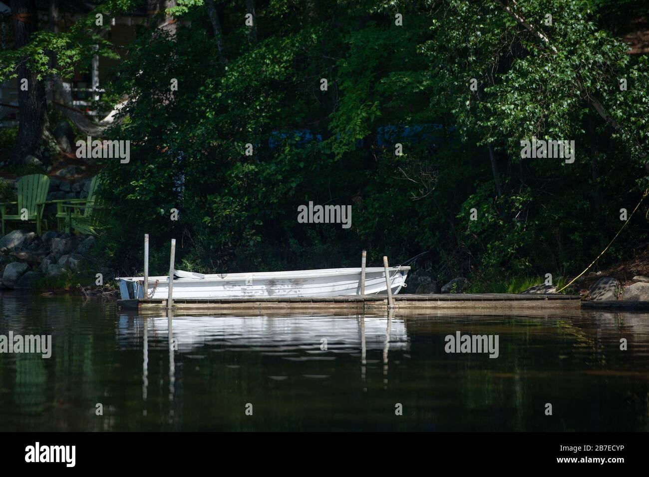 Single white rowboat at wooden dock in lake surrounded by trees, boat ...