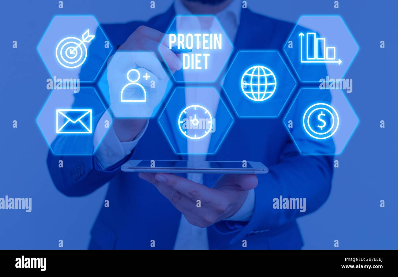 Writing note showing Protein Diet. Business concept for low in fat or ...