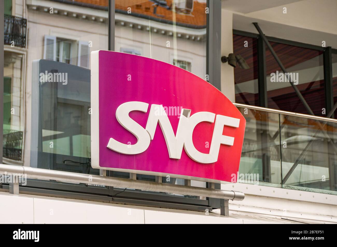 CANNES, FRANCE - APRIL 2019: Close up of the SNCF French railway logo ...